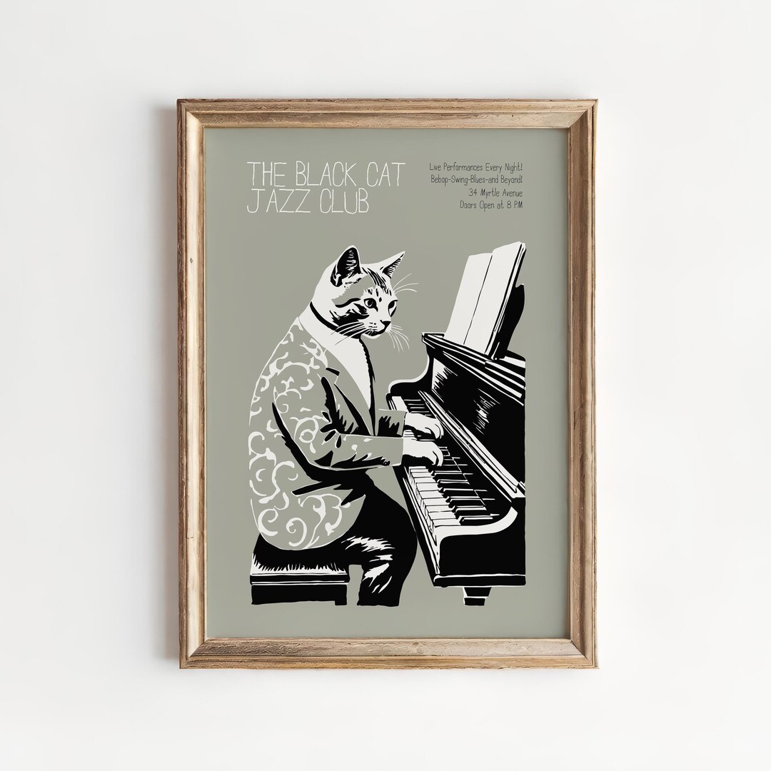 The Black Cat Jazz Club - Retro Music Art Print - Cat Playing Piano ...