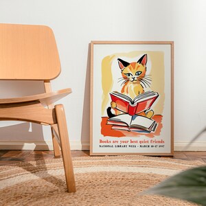 1997 BOOK READING POSTER Library Cat Books Lover Teacher Gift Idea Mid ...