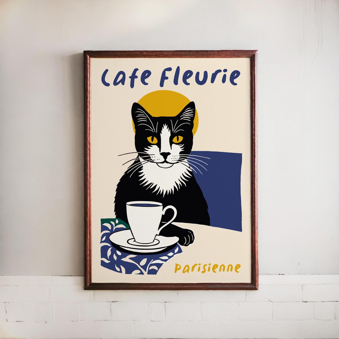 French Coffee Cat Poster - Cafe Fleurie Parisienne - Cafe Decor ...