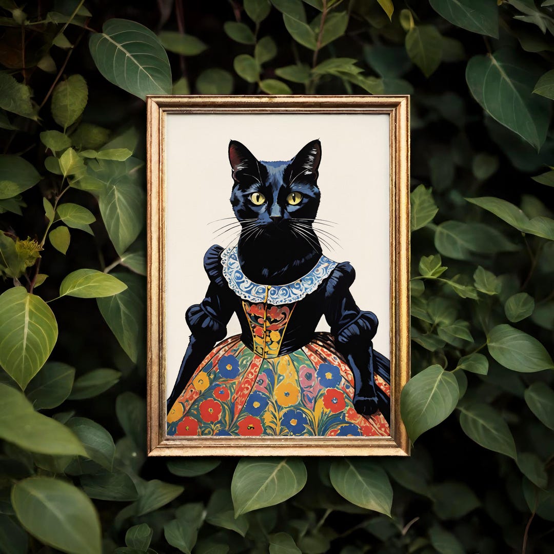 Rococo Cat Portrait Poster – Elegant Black Cat in Vibrant Floral Gown ...
