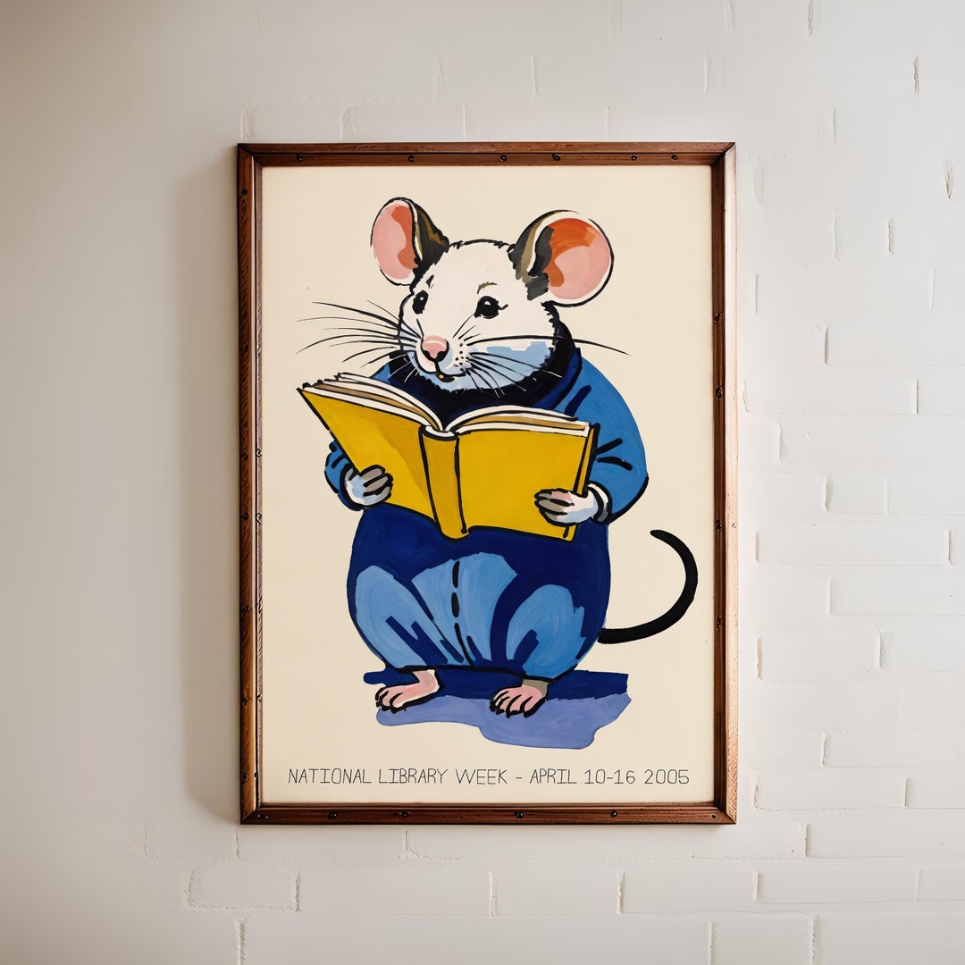Adorable National Library Week 2005 Poster – Cute Mouse Reading Art ...