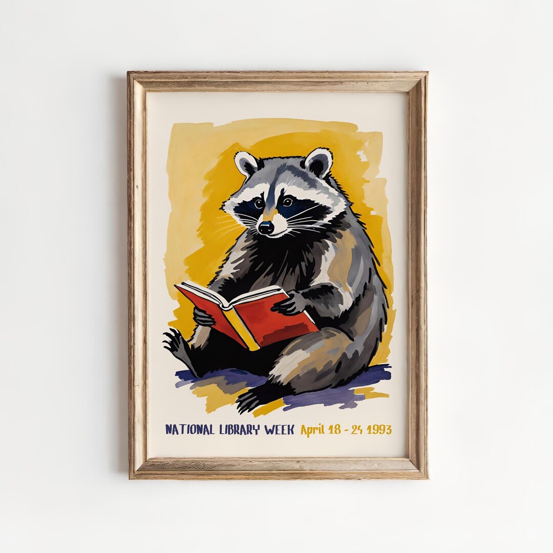 National Library Week Poster 1993 | Retro Raccoon Reading Book Print ...