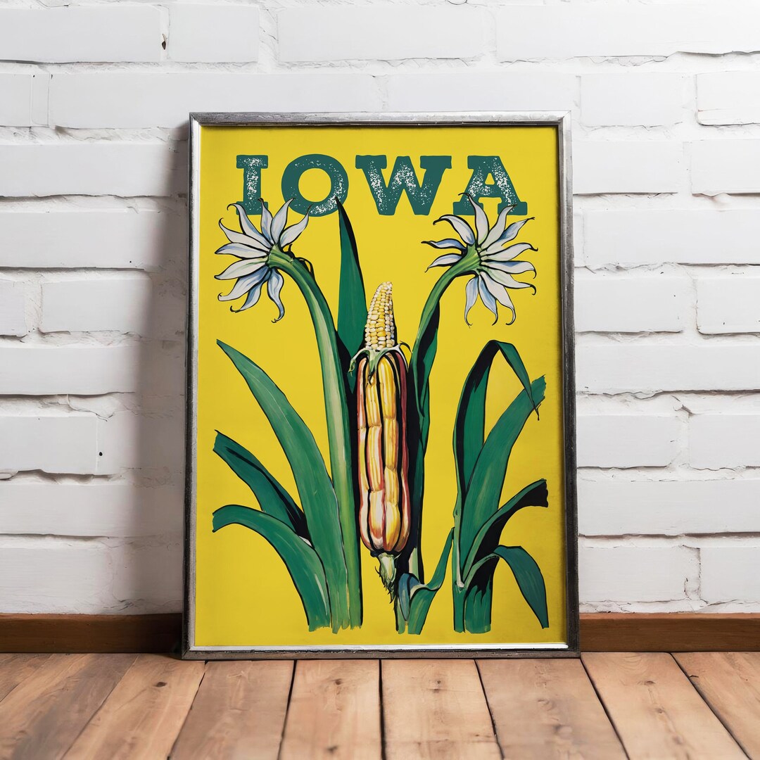 Iowa Corn and Wildflowers Art Poster - Vibrant Yellow Background ...