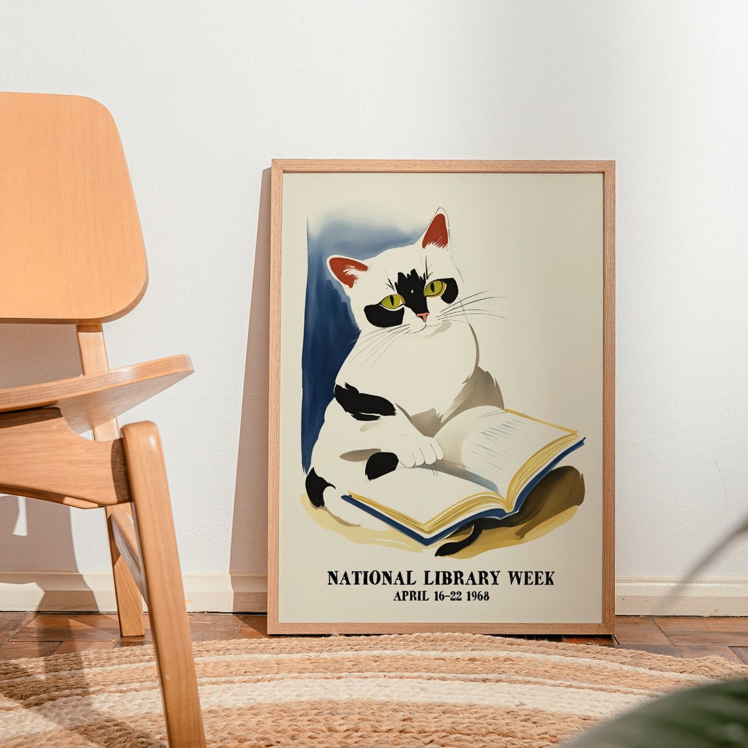 NATIONAL LIBRARY WEEK Poster Cat Giclee Linocut Art Print Vintage Books ...