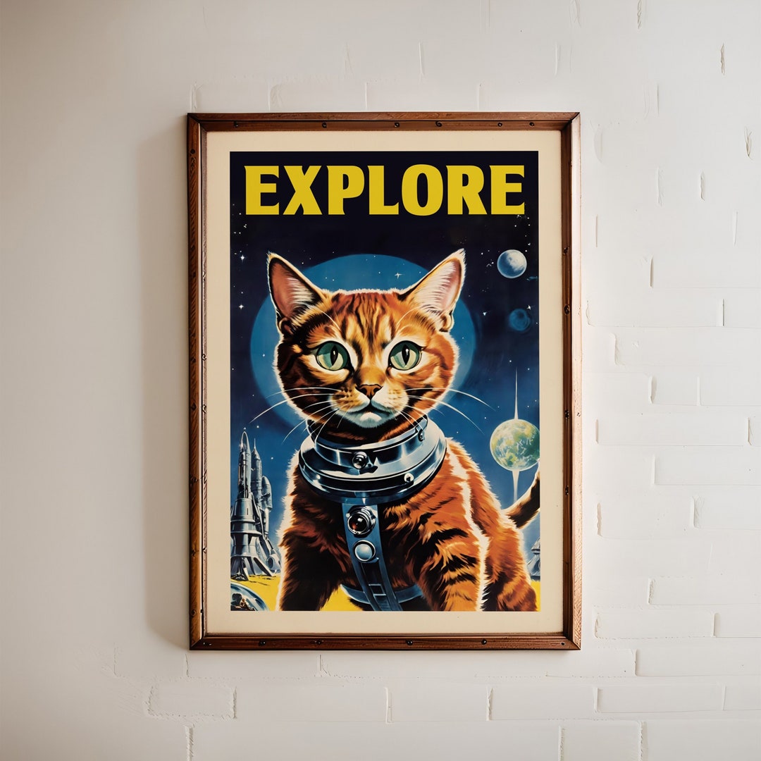 Retro Space Cat Poster - ‘EXPLORE’ Orange Tabby in Space Suit, Cosmic ...