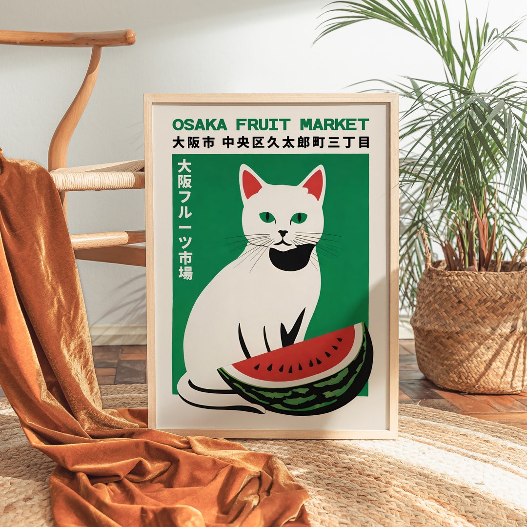 Osaka Fruit Market Poster, Japanese Wall Art, White Cat & Watermelon ...
