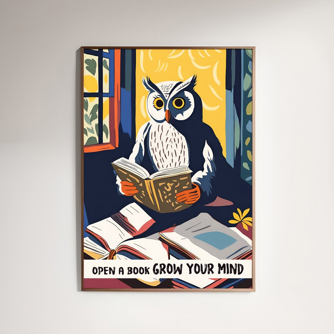 Reading Quote Poster Open a Book Grow Your Mind Owl Giclee Linocut Art ...
