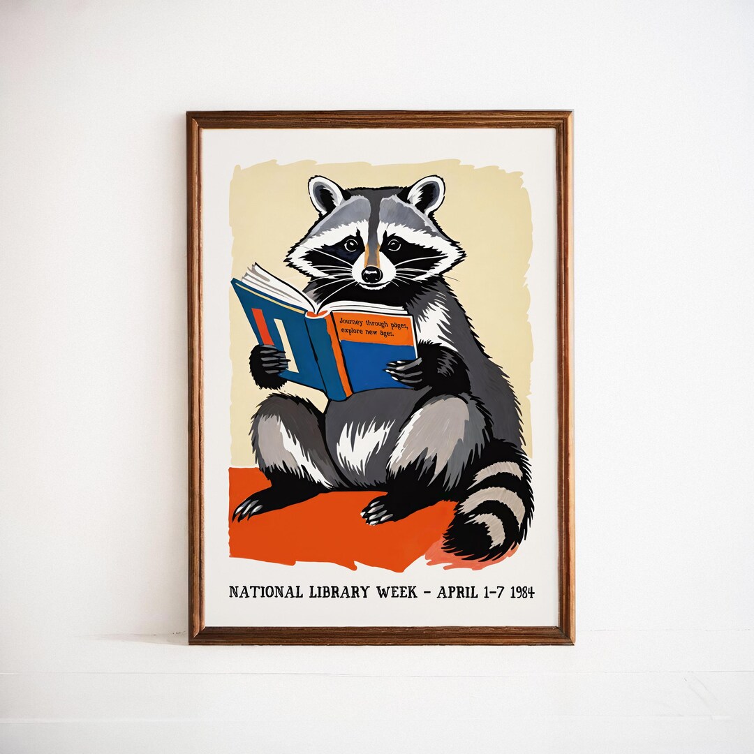 National Library Week Poster 1984 | Retro Reading Raccoon Wall Art ...