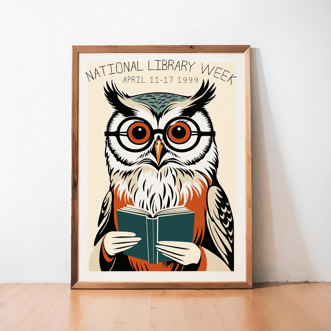 Owl Library Poster, National Library Week Art Print, Retro Reading Owl ...