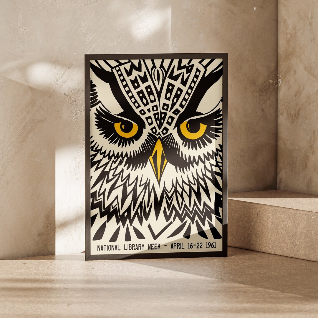 NATIONAL LIBRARY WEEK Poster - Owl Giclee Linocut Art Print Vintage ...