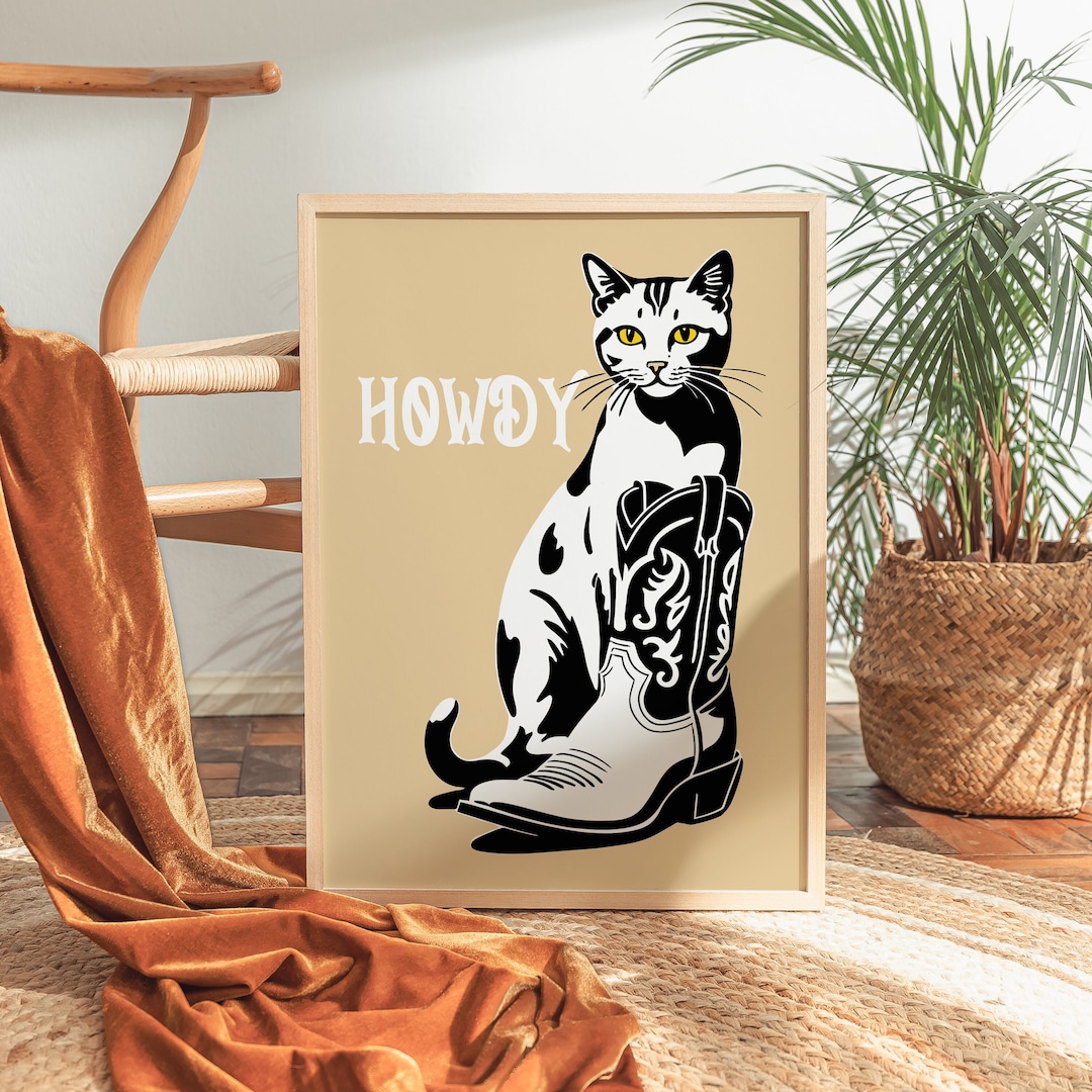 Howdy Cat and Cowboy Boot Wall Art Western Decor, Hand-drawn Style Cat ...