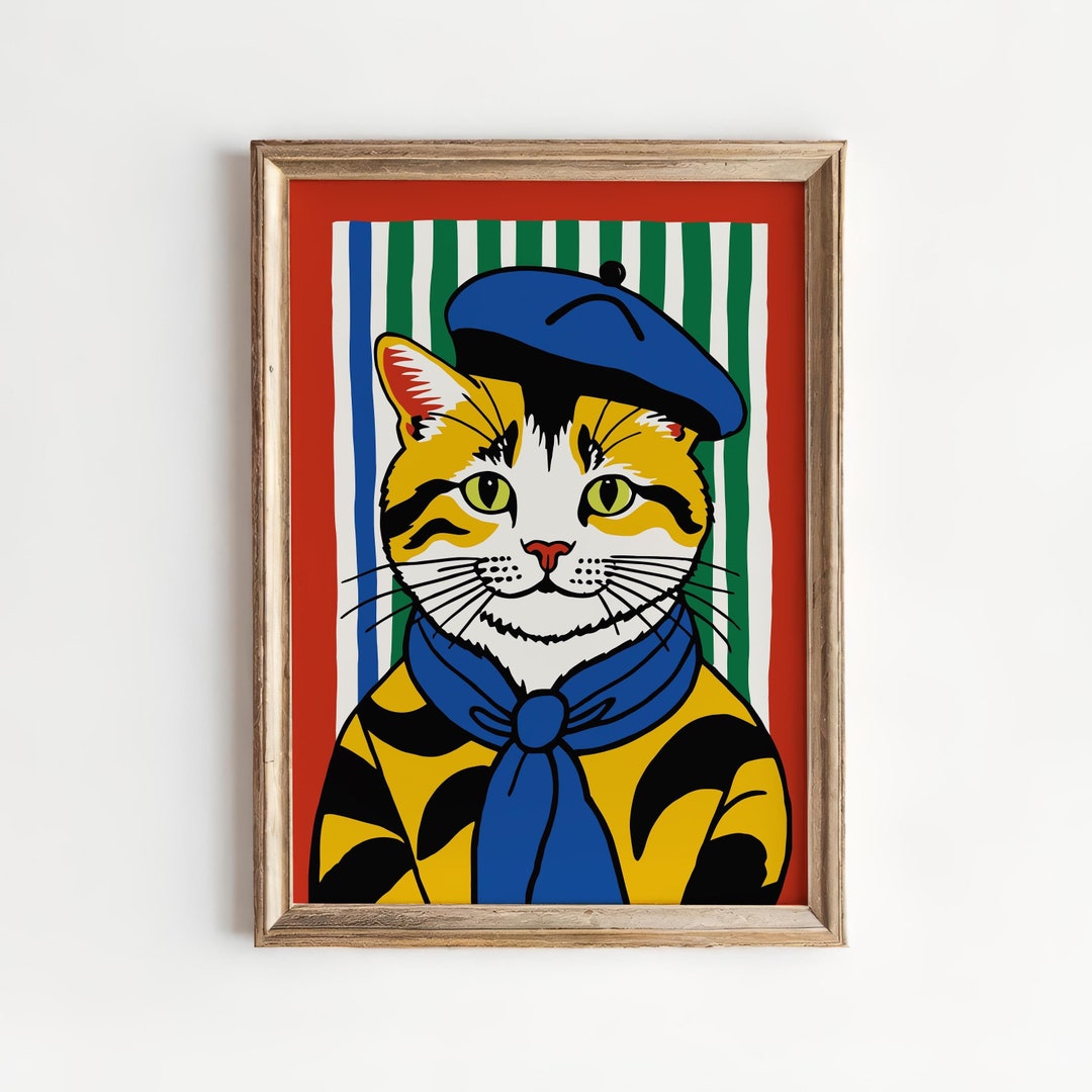 French Tabby Cat Art Print: Parisian Beret, Retro Pop Decor - Etsy