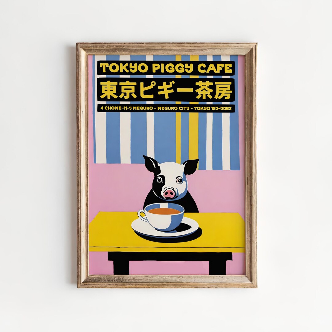 Japanese Pig Cafe Wall Art, Retro Tokyo Coffee Shop Poster, Modern ...