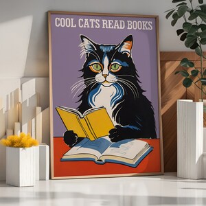 Cool Cats Read Books POSTER - Whimsical Wall Art, Vibrant Literary ...