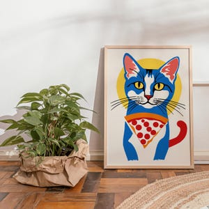 Pop Art Cat Poster With Pizza Slice - Cat Wall Art - Modern Unique Cat ...