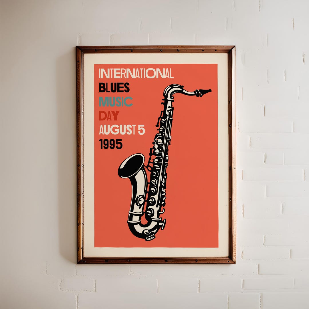 International Blues Music Day Poster, 1995, Retro Saxophone Art Print ...
