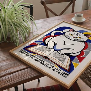 National Library Week 1999 Poster With Scholarly Cat Illustration ...