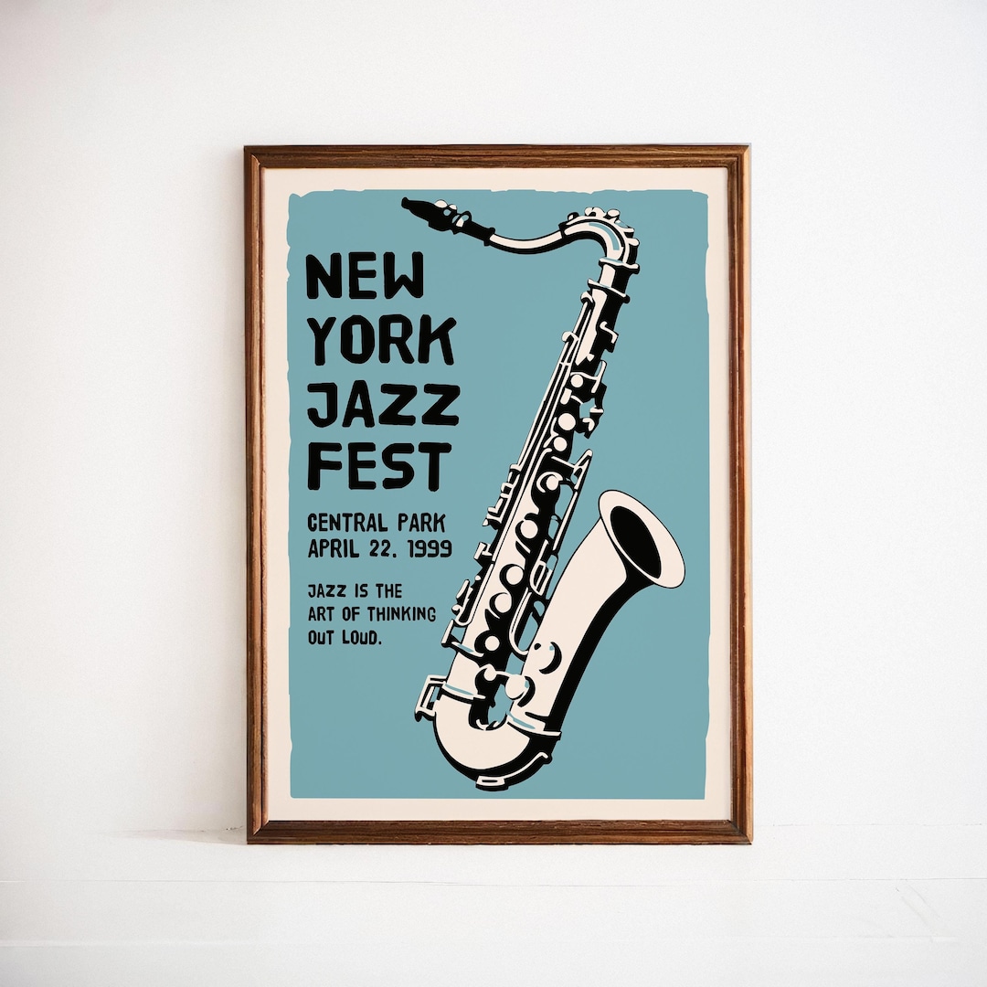 New York Jazz Fest Poster - Central Park 1999 - Retro Saxophone Art Print - Jazz Music Wall ...