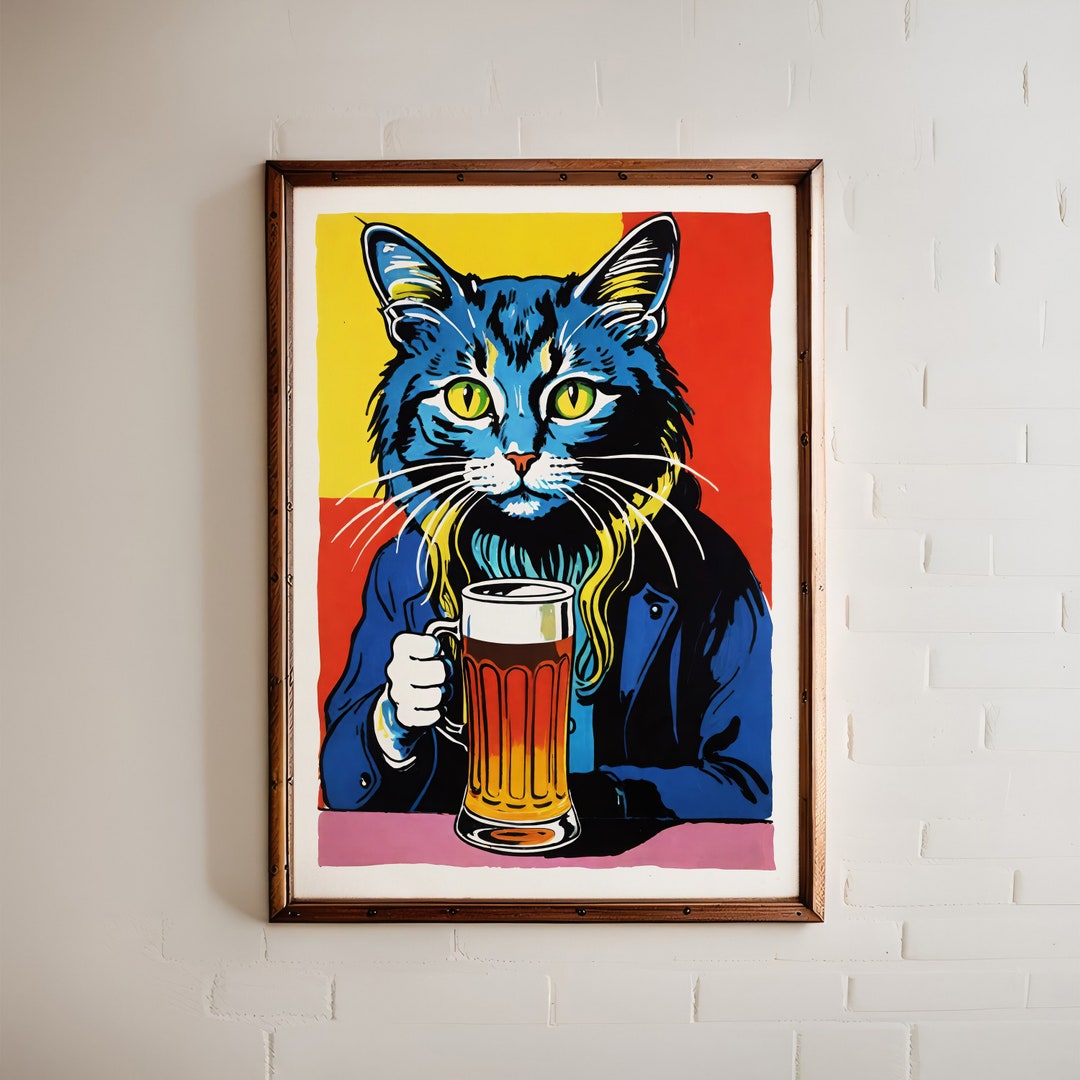 Cat Beer Poster Vibrant Pop Art Style Wall Decor, Unique Home and Bar ...
