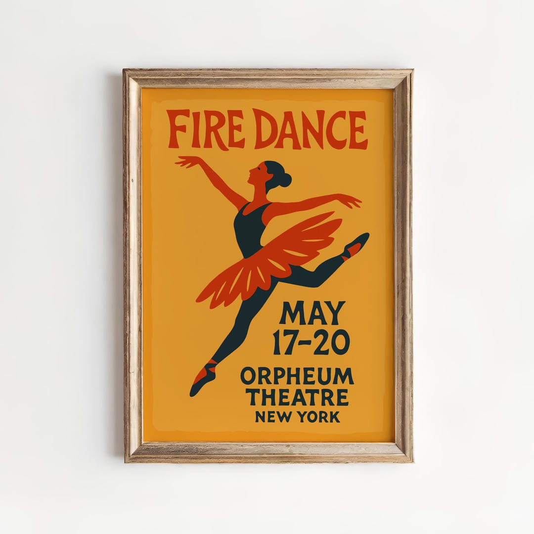 Fire Dance Ballet Poster – Bold Ballerina Wall Art Print – Retro Dance ...