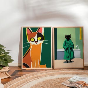 Illustrated Cat Poster - Mid Century Modern Cat Art Print, Wall Art, Retro Cat Lover Gift ...