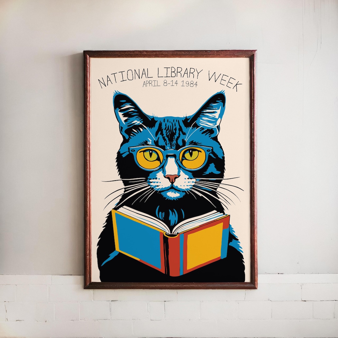National Library Week Poster, Retro Reading Cat Wall Art, Literary ...
