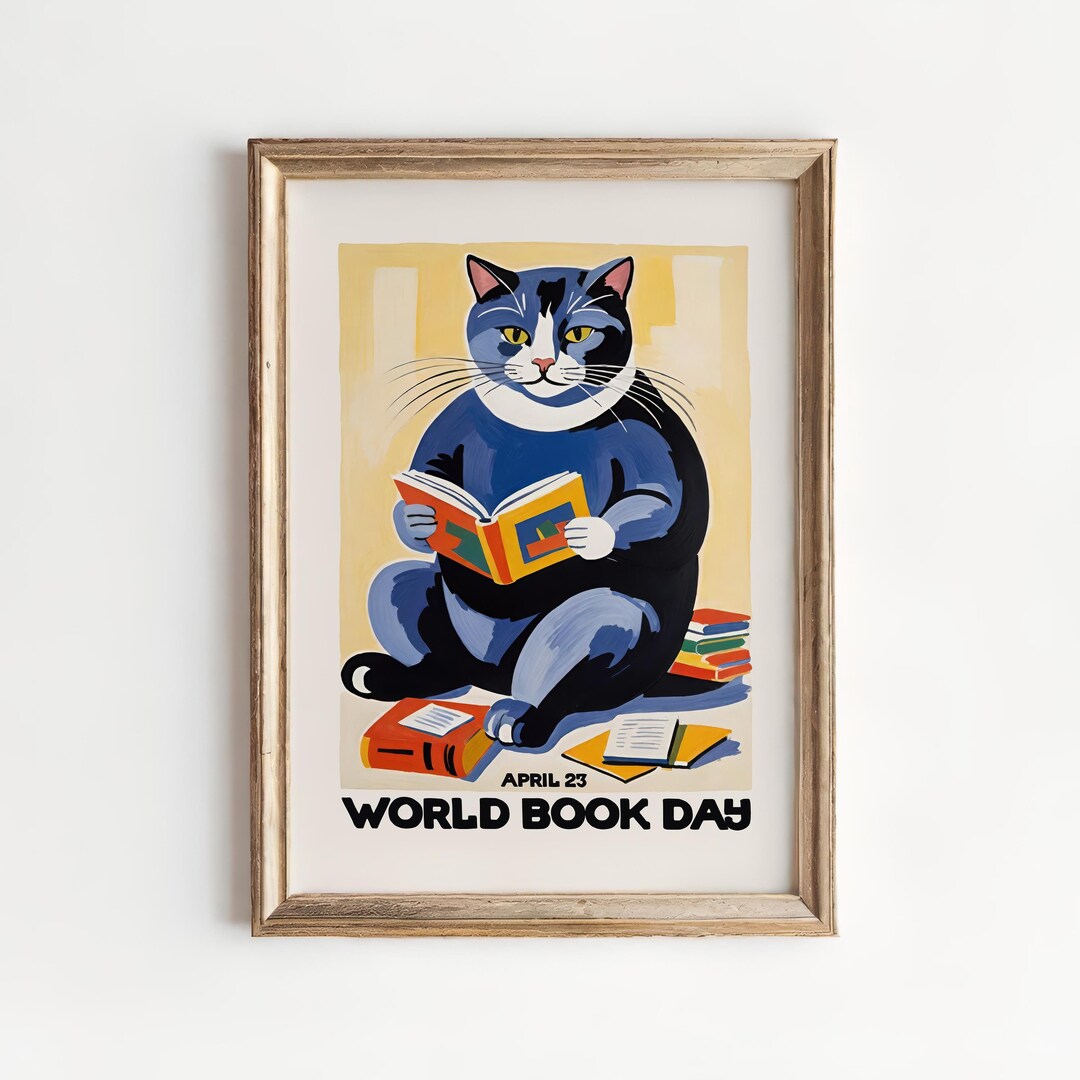 World Book Day Poster, Reading Cat Wall Art, Library Decor Print ...