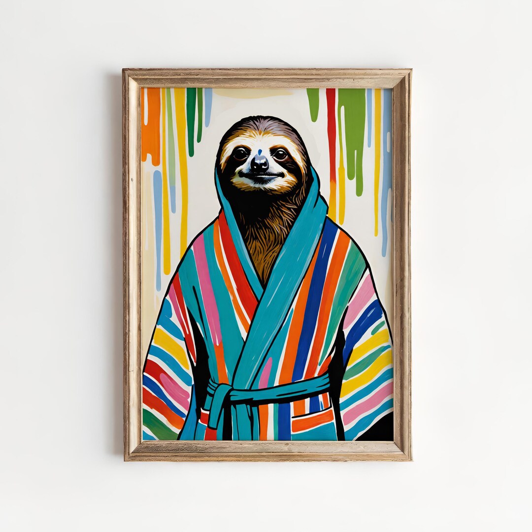 Colorful Sloth Art Print - Quirky Rainbow Striped Bathrobe Sloth Poster ...