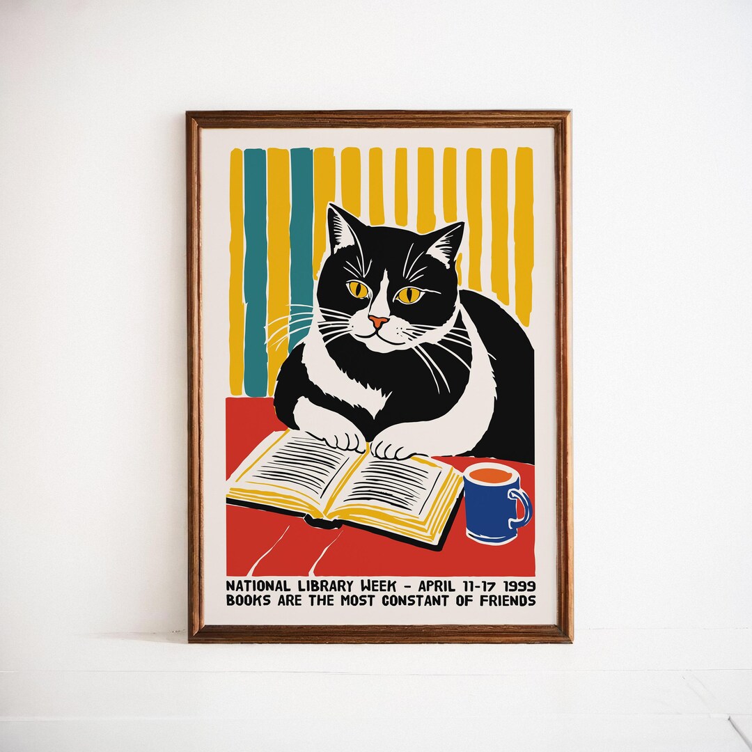 National Library Week Cat Poster | Retro Reading Book Lover Print ...