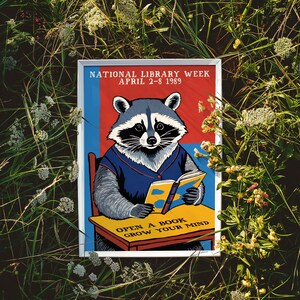 National Library Week Poster 1989 | Retro Reading Raccoon Wall Art ...