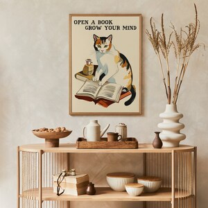 BOOK READING POSTER - Calico Cat - Books Quote Giclee Linocut Art Print ...