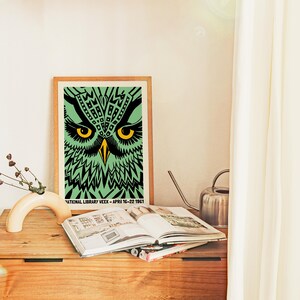 NATIONAL LIBRARY WEEK Poster - Owl Giclee Linocut Art Print Reading ...