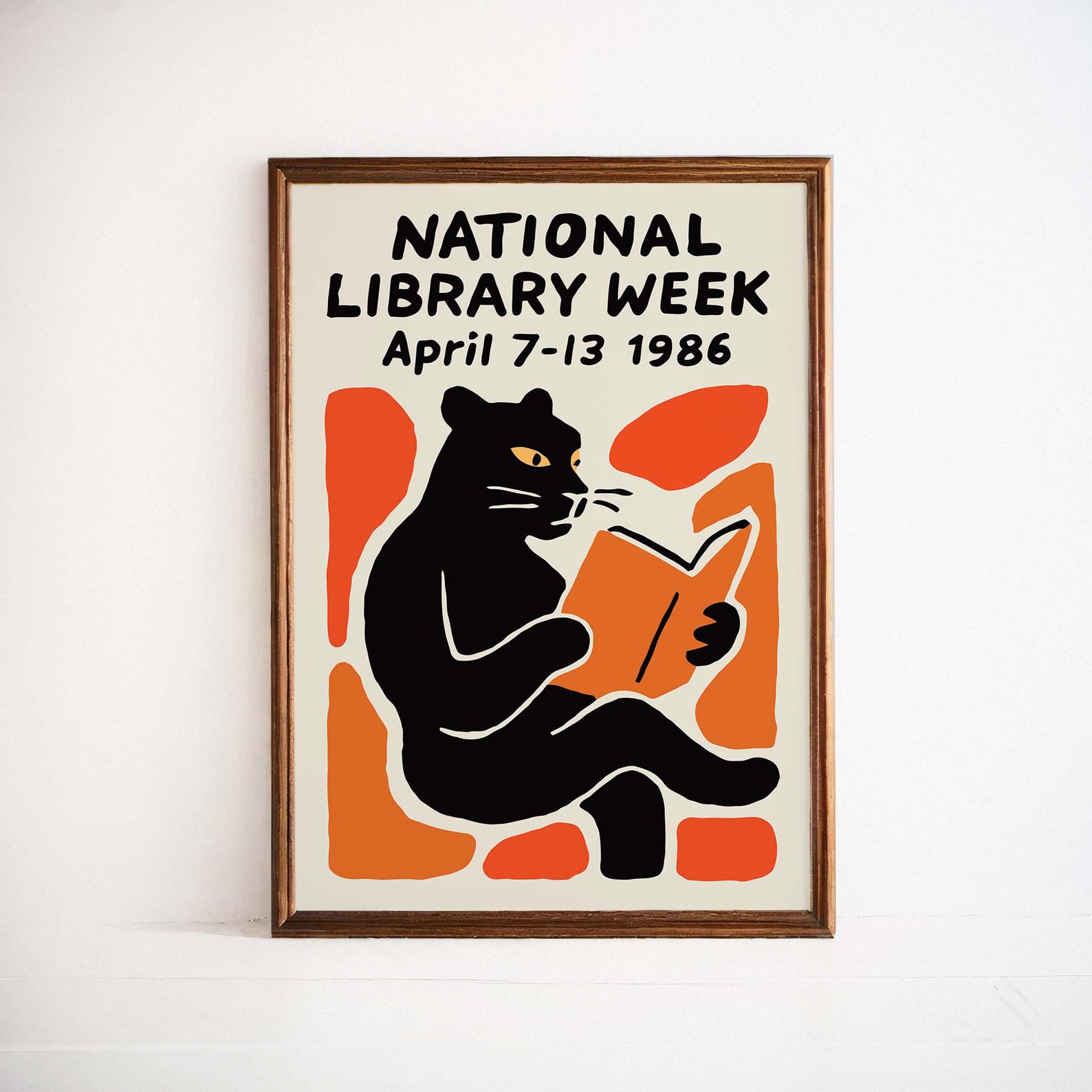 National Library Week 1986 Poster - Black Cat Reading Book Orange Retro ...