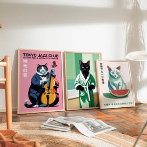 Tokyo Jazz Club Cat Poster Tuxedo Cat Playing Double Bass Japanese Jazz ...