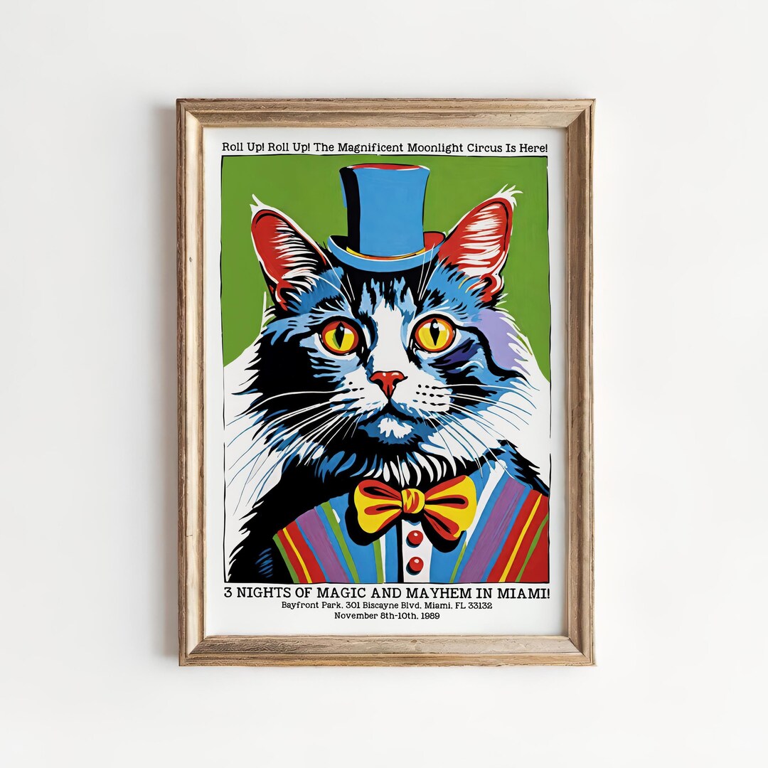 1989 Moonlight Circus Cat Poster - Retro Art Print, Whimsical Cat in ...