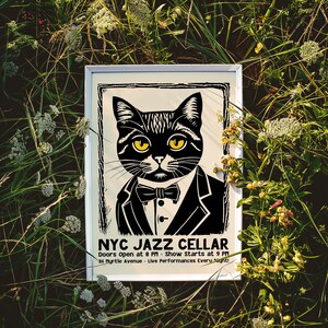 Jazz Cat Poster | NYC Jazz Cellar Wall Art | Black and White Giclee ...