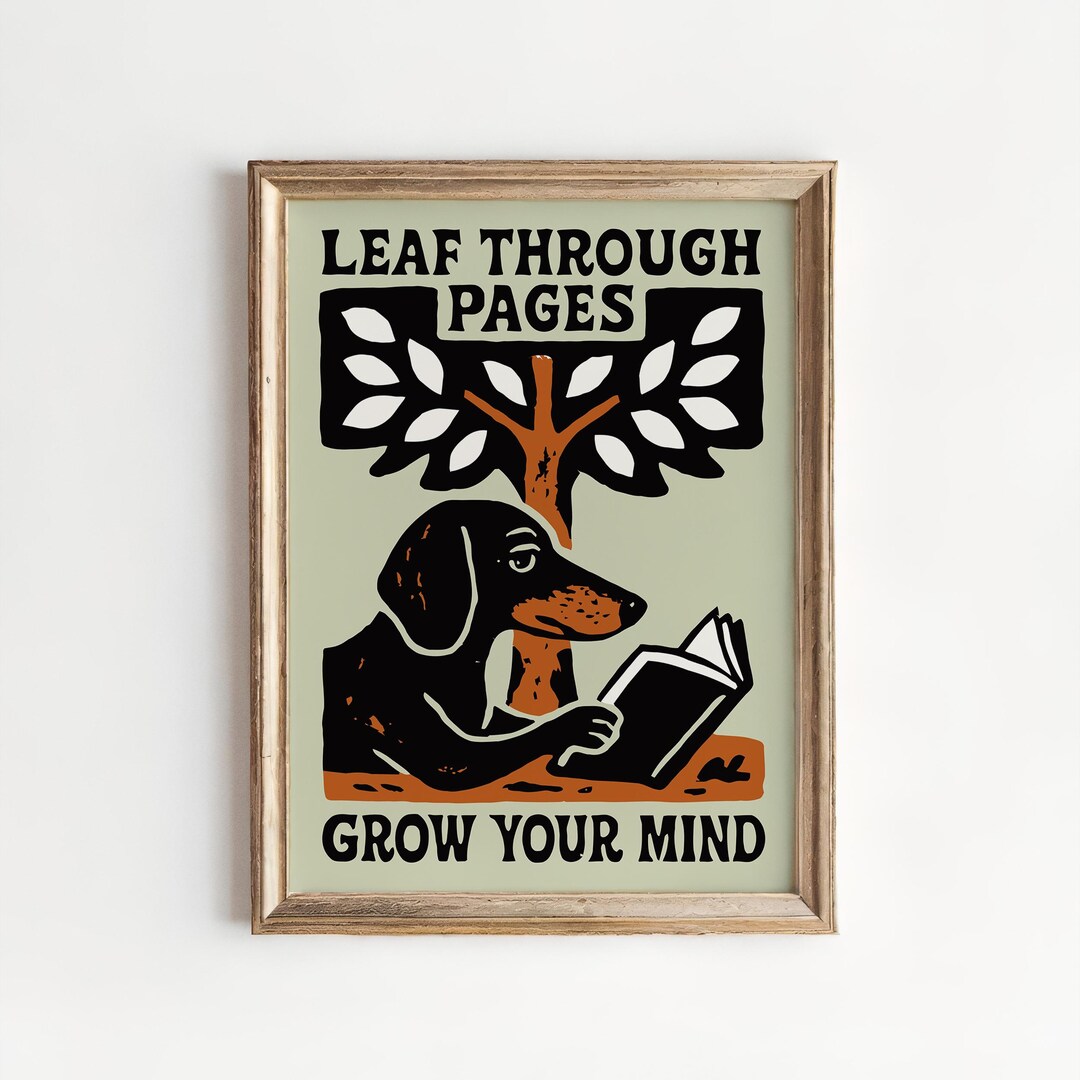 Leaf Through Pages Poster Print - Dog Reading Cozy Wholesome ...