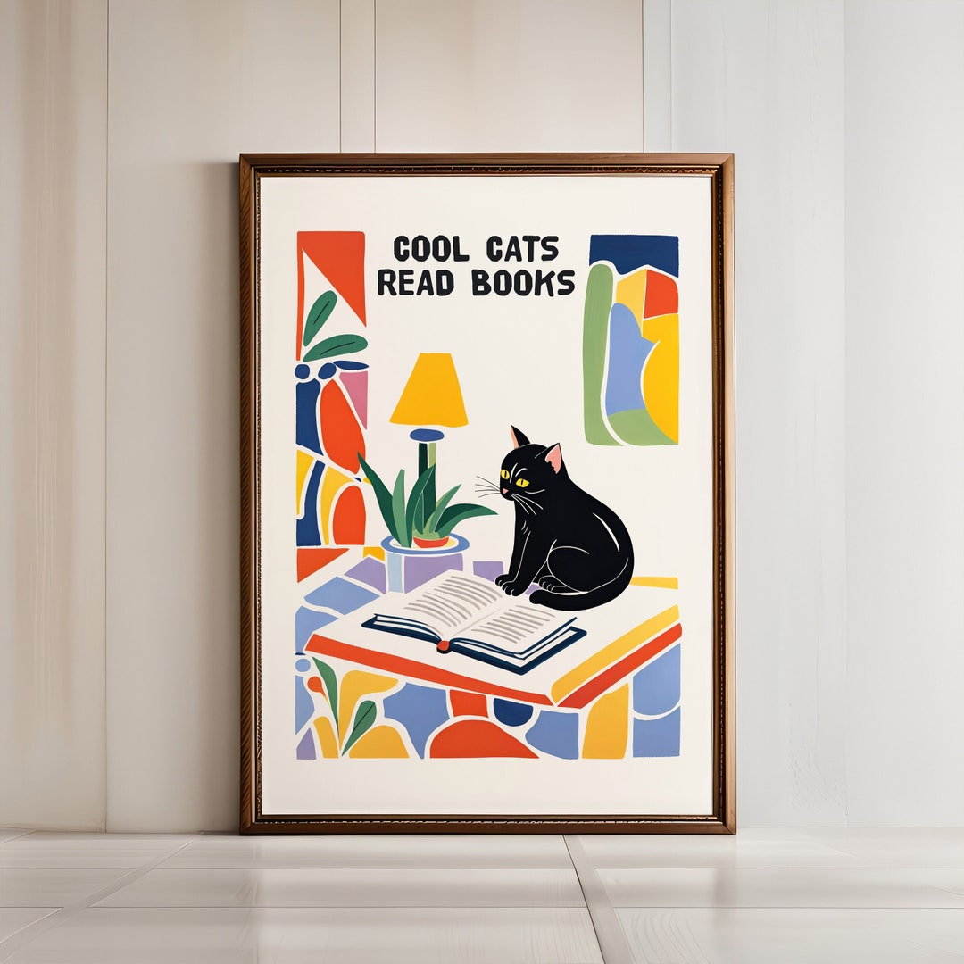 CUTE "cool Cats Read Books" POSTER - Retro Graphics Art, Library Poster ...