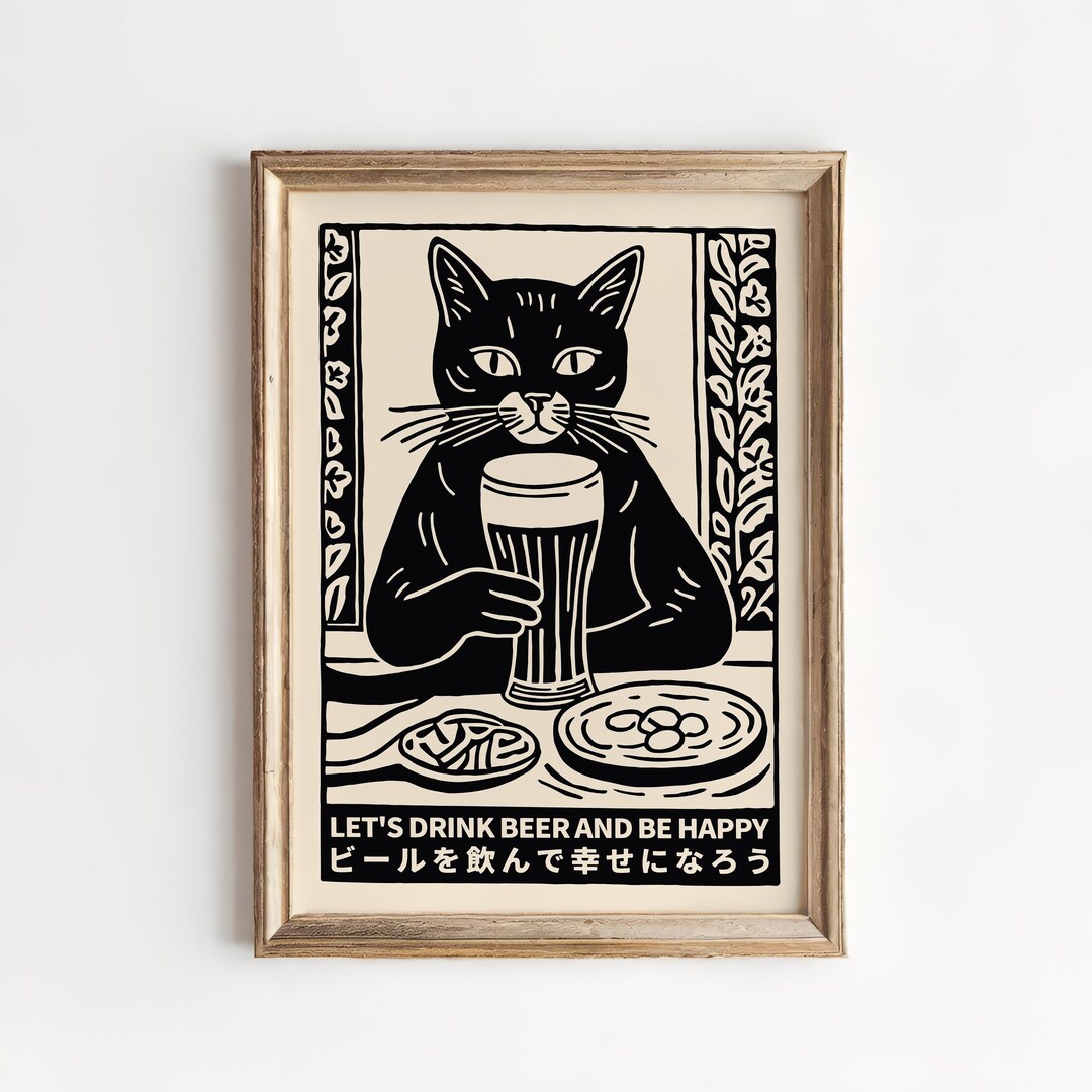 Let's Drink Beer and Be Happy Cat - Japanese Retro Wall Art Print - Etsy