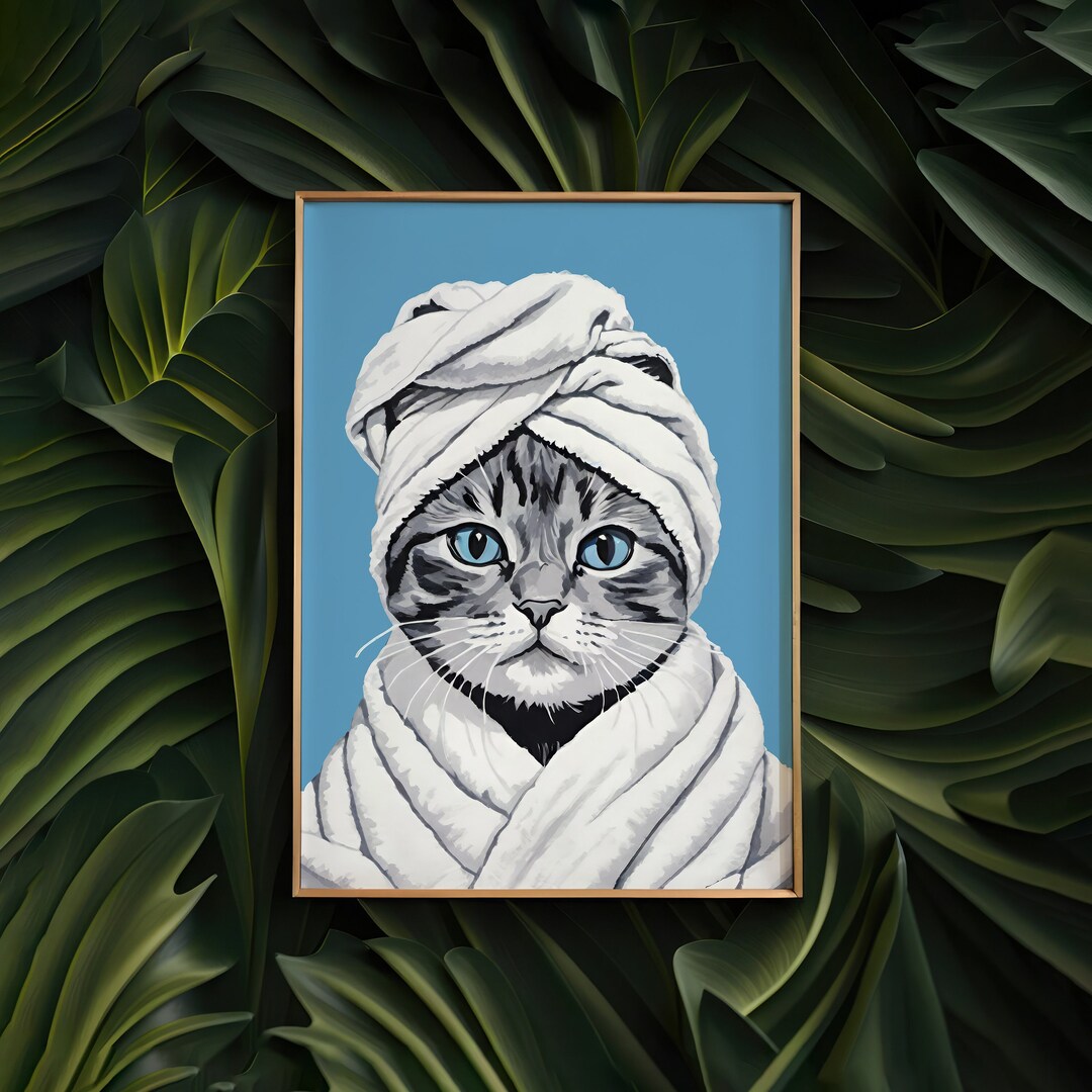 Cozy Cat Spa Day Poster - Charming Tabby Cat in Towel Art Print ...
