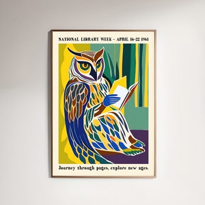 NATIONAL LIBRARY WEEK Poster - Owl Giclee Linocut Art Print Vintage ...