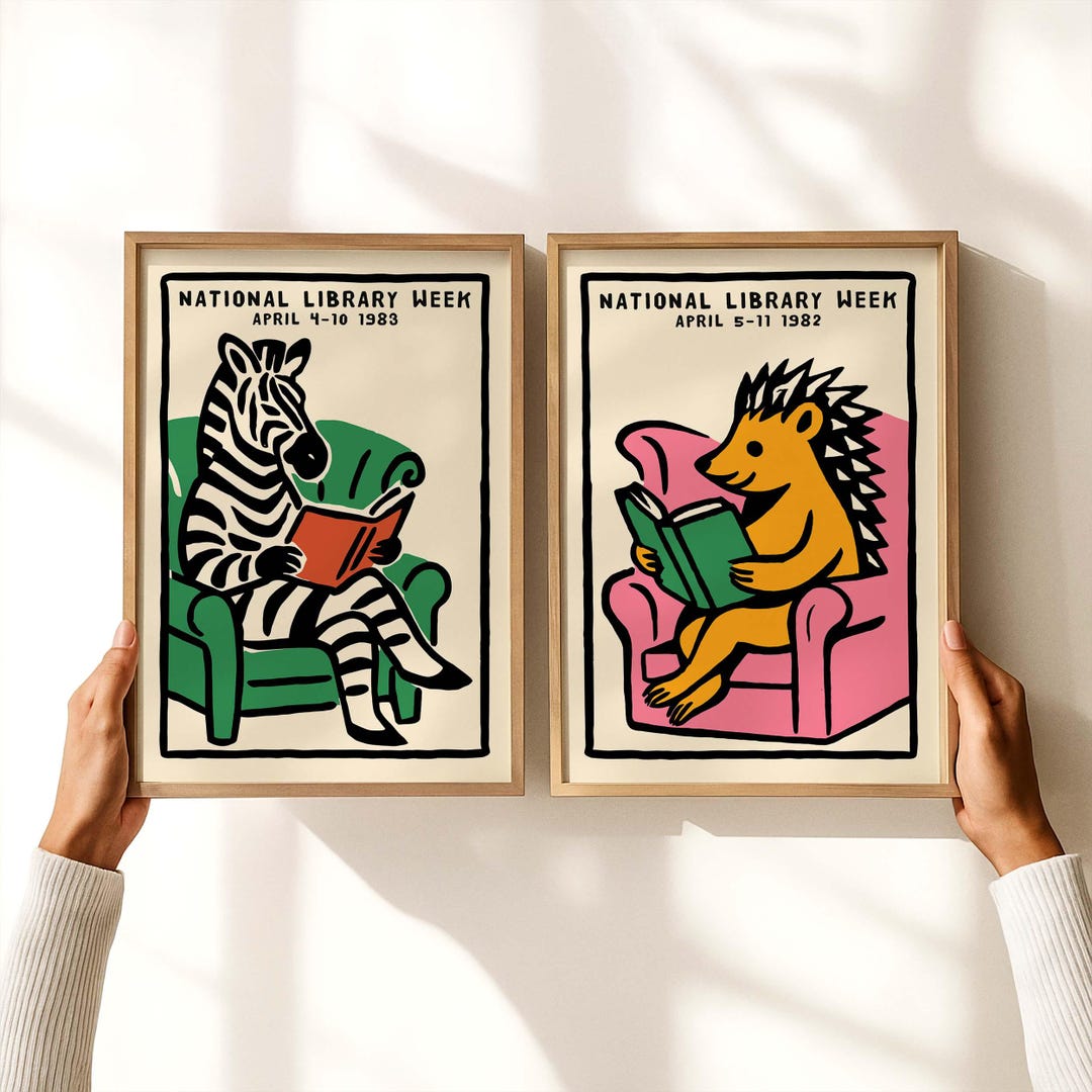 SET OF 2 National Library Week POSTERS - Vintage Zebra Hedgehog Reading ...