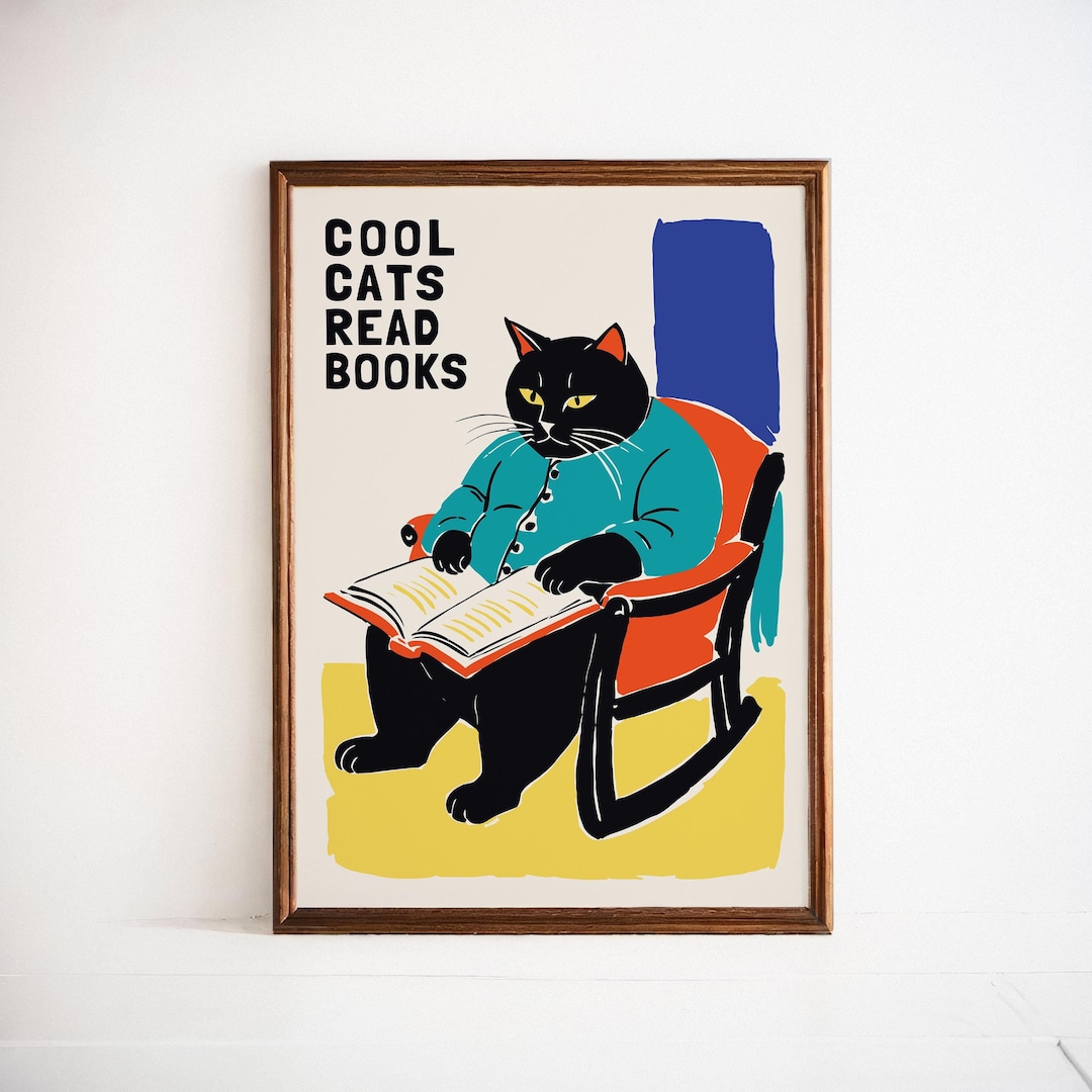 Cool Cats Read Books Retro Art Poster | Whimsical Cat Reading Print ...