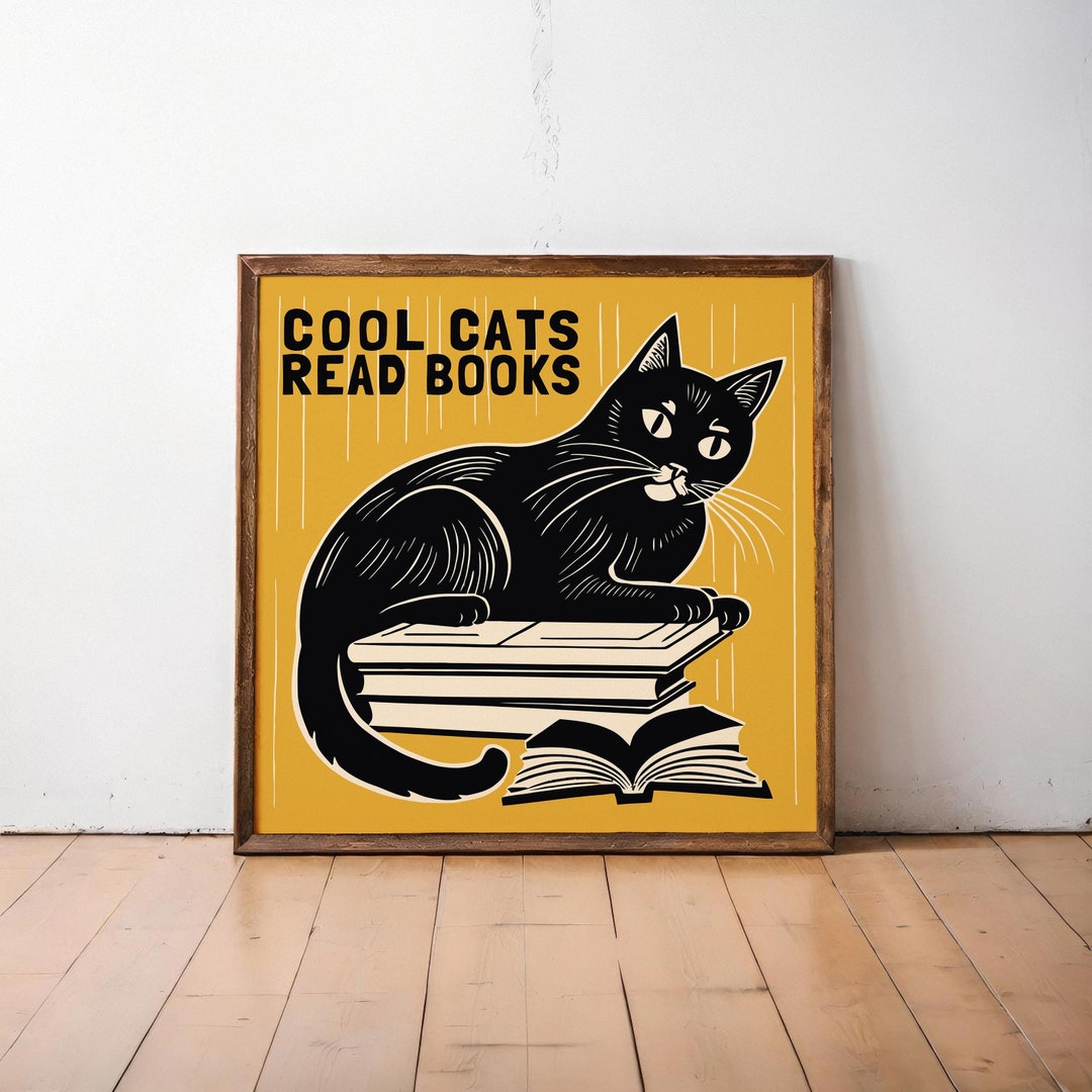 Cool Cats Read Books Retro Poster | Vintage Black Cat Illustration ...