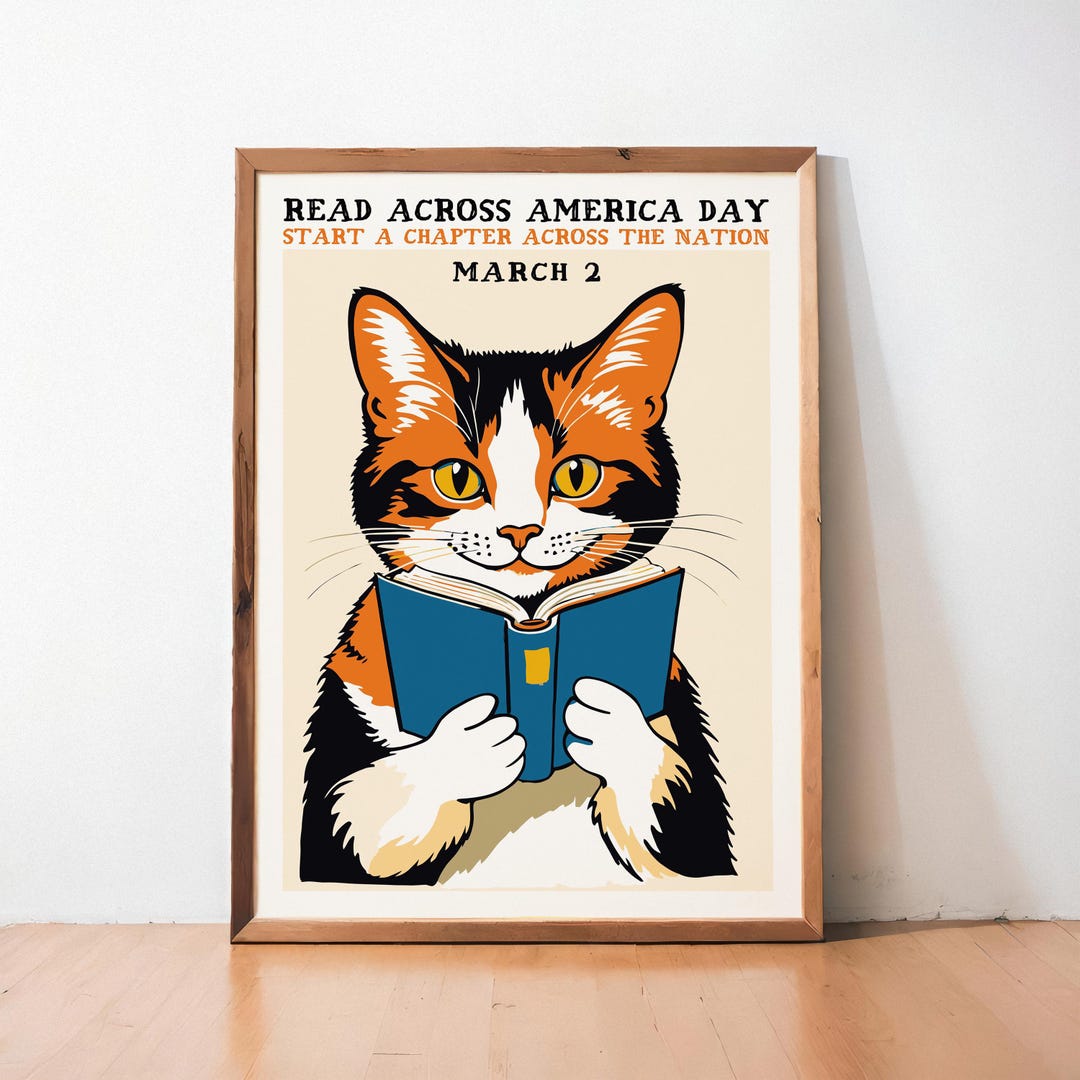 Read Across America Day Poster: Calico Cat Reading Art Print - Etsy