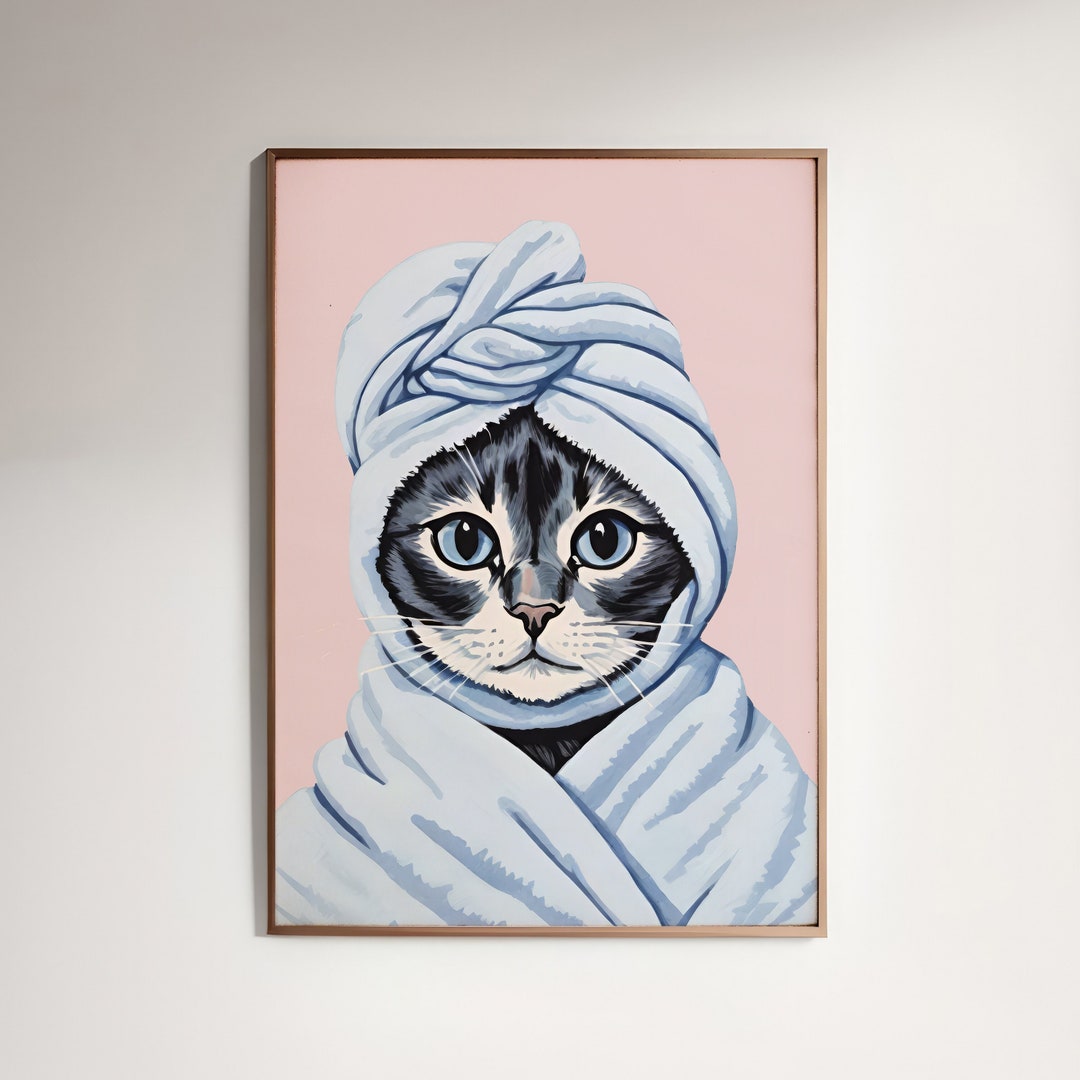 Whimsical Cat Spa Day Poster Adorable Feline Wrapped in Towel Art Print ...