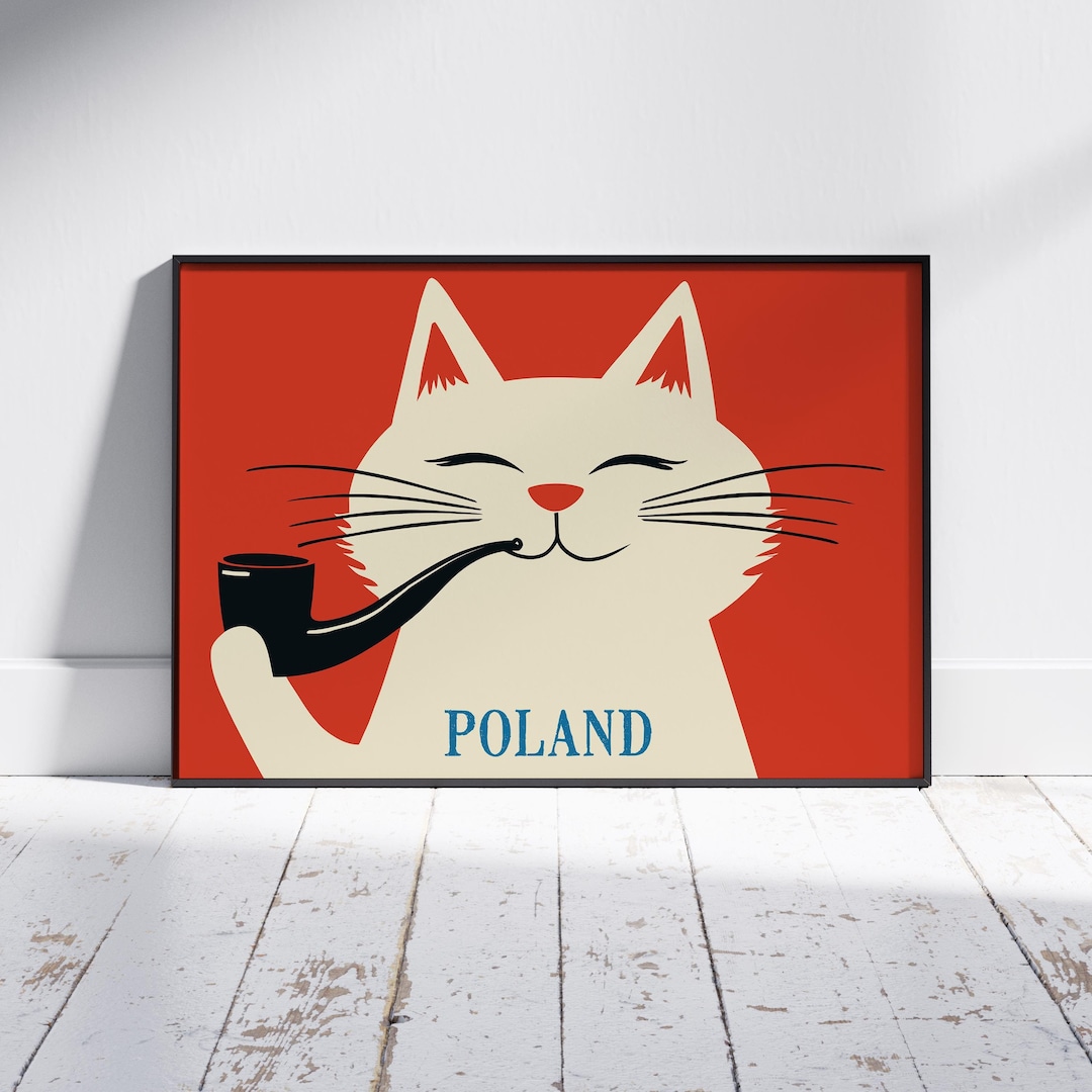 Smoking Cat With Pipe Poland Poster - Cat Print, Animal Lover, Retro ...