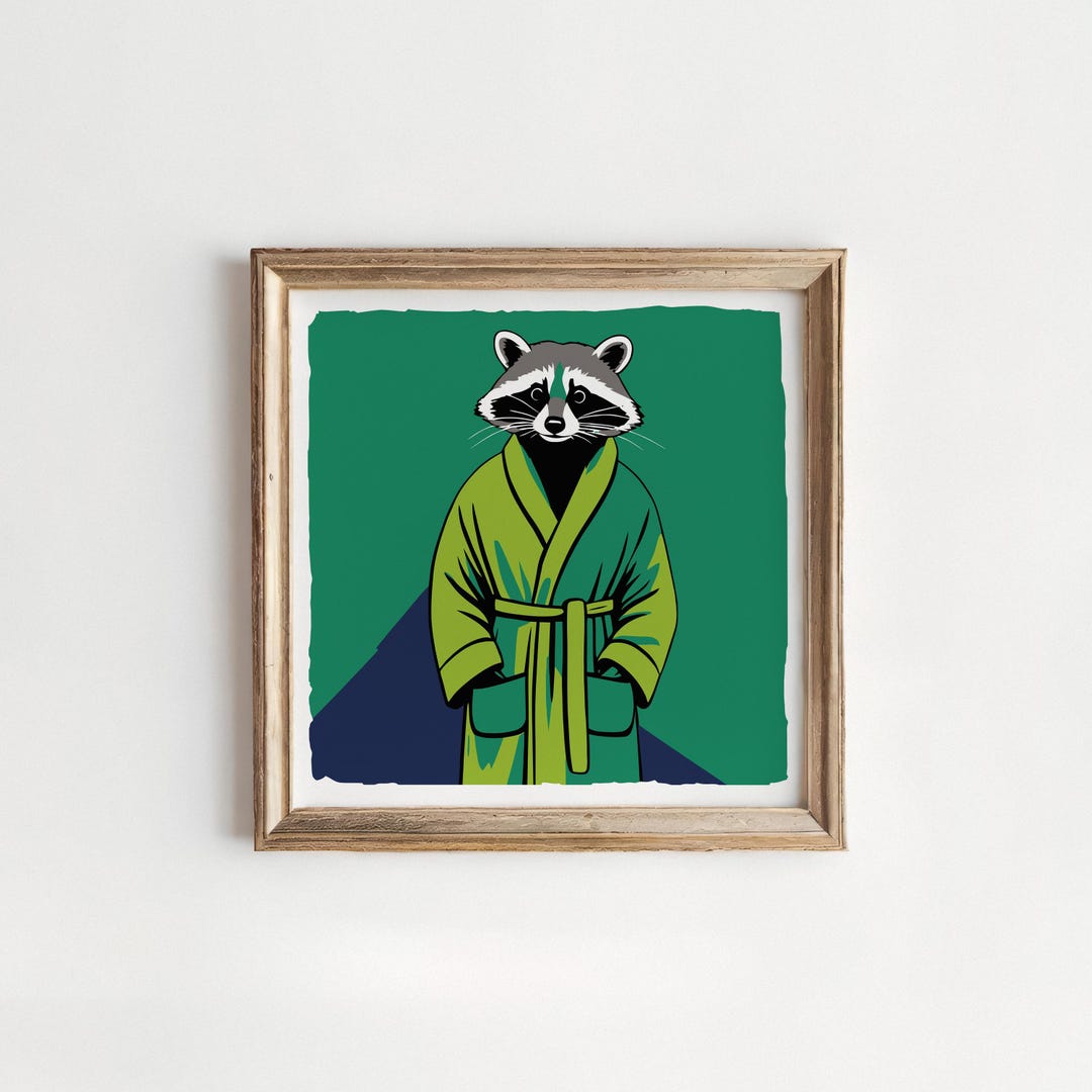 Funny Raccoon Art Print | Cute Animal in Green Bathrobe Wall Decor ...