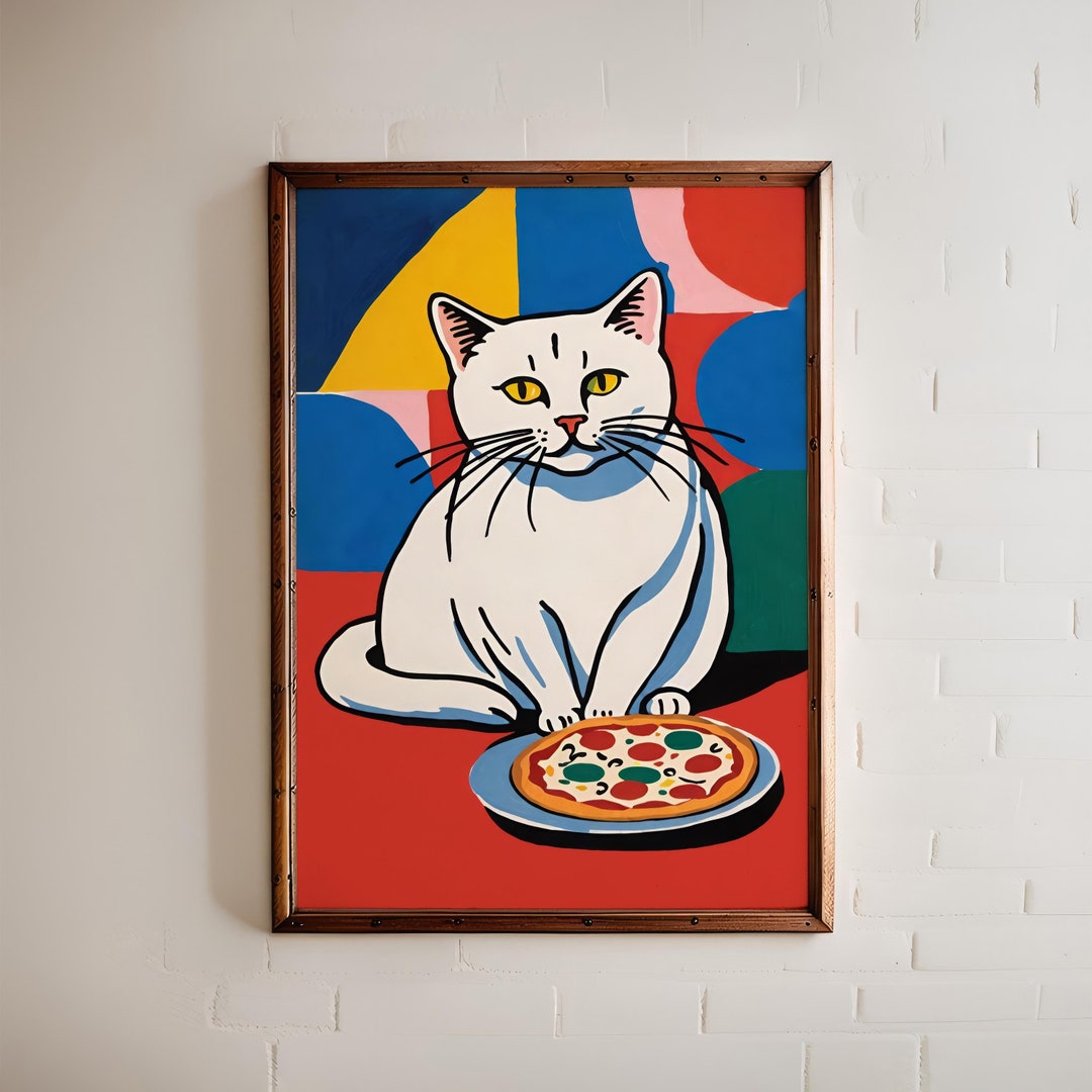 Cat Poster With Pizza - Whimsical Wall Art for Cat Lovers - Vibrant ...
