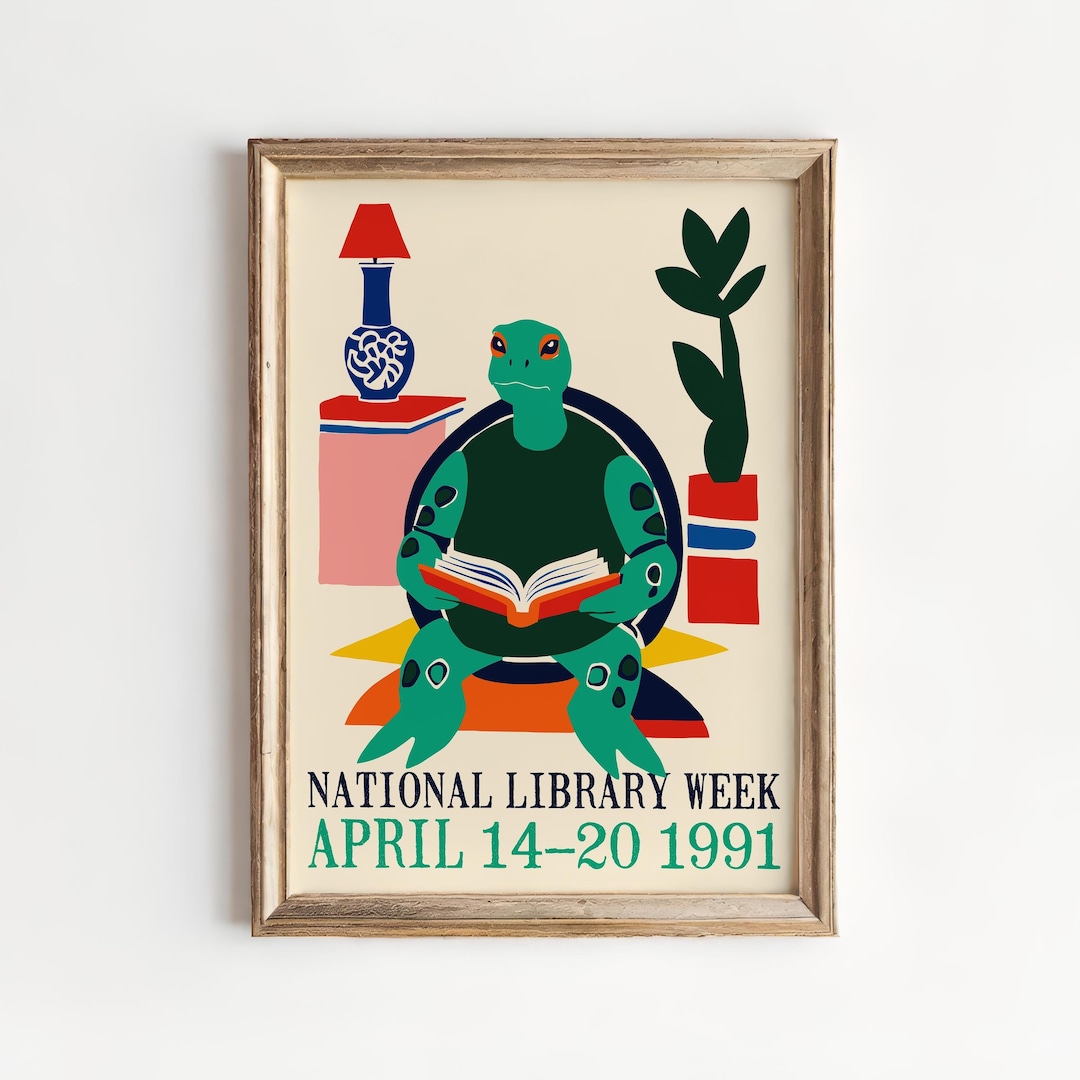 National Library Week Poster 1991 Print - Retro Reading Turtle Wall Art ...